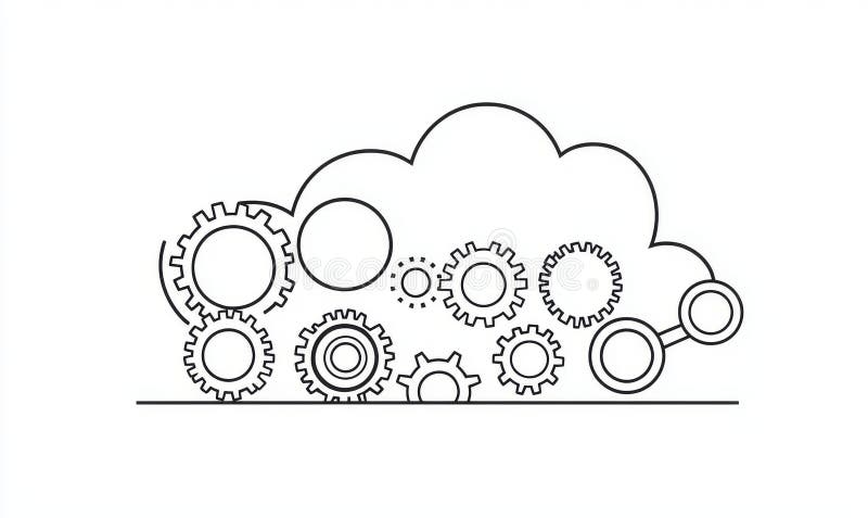 Technology Sign with Clouds and Gears. Continuous Line Drawing Stock Illustration - Illustration ...