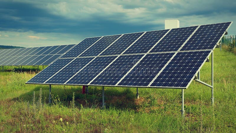 Technology Solar Cell. Solar Panels on the Sky Background. Power Plant ...