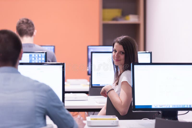 Technology Students Group in Computer Lab School Classroom Stock Image ...