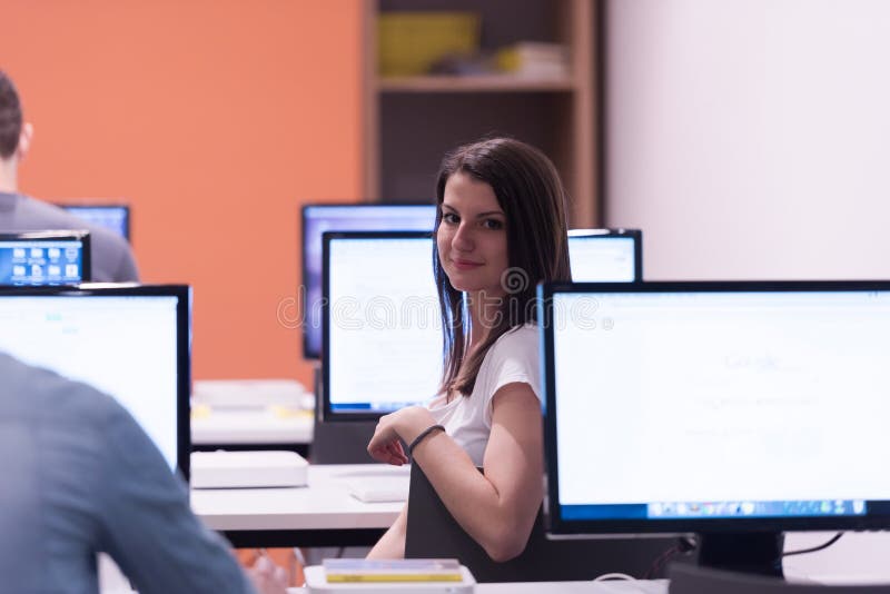 Technology Students Group in Computer Lab School Classroom Stock Photo ...