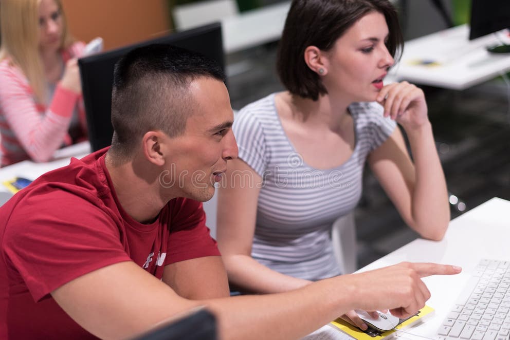 Technology Students Group Working in Computer Lab School Class Stock ...