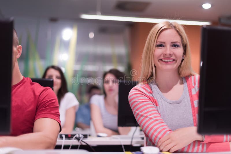 Technology Students Group Working in Computer Lab School Class Stock ...