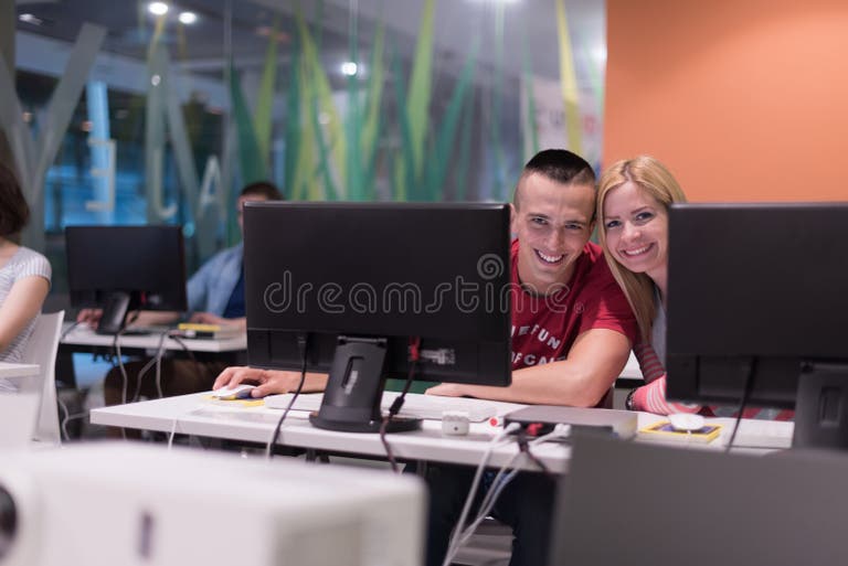 Technology Students Group Working in Computer Lab School Classr Stock ...