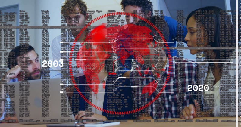 Technology Team Collaborating Around Table, Overlaying Red Digital ...