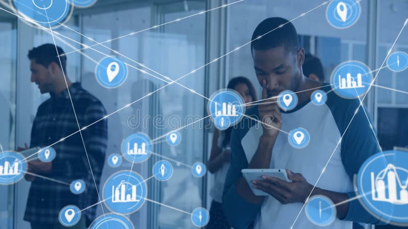 Technology Team Collaborating in Office, Showing Floating Holographic ...