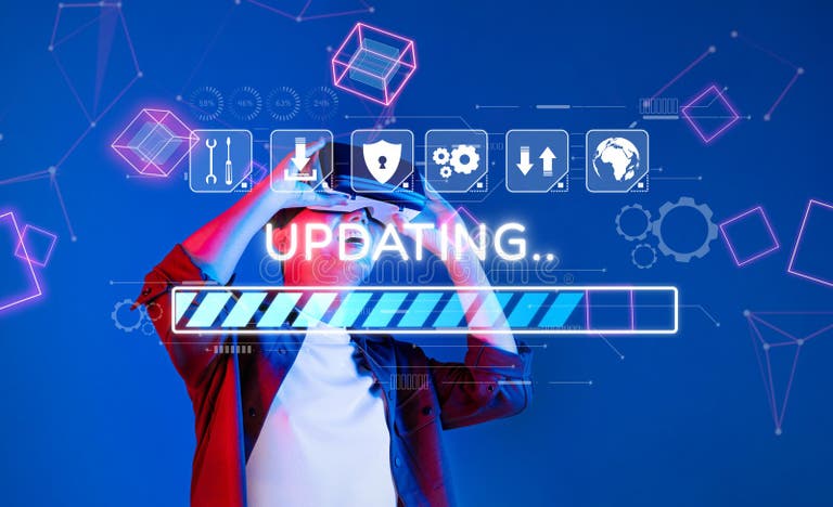 Technology Update Process in Virtual Reality with Progress Bar and User in Headset for Software ...