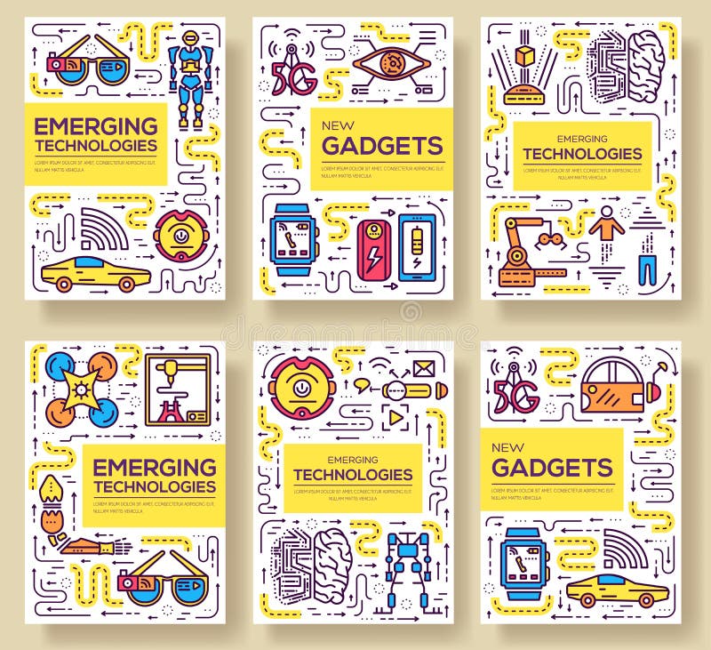 Technology Vector Brochure Cards Thin Line Set. Automation Template of ...