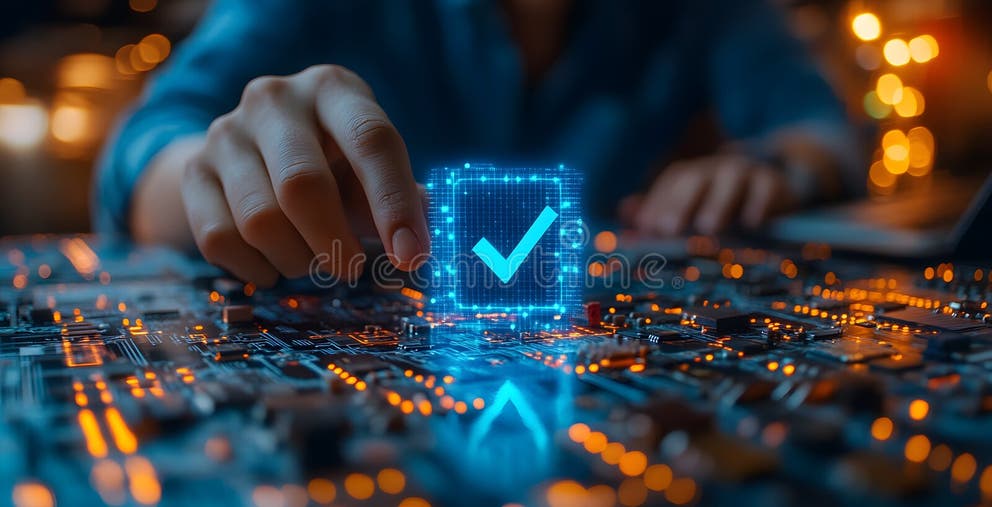 Technology Verification and System Check Concept with Glowing Digital ...