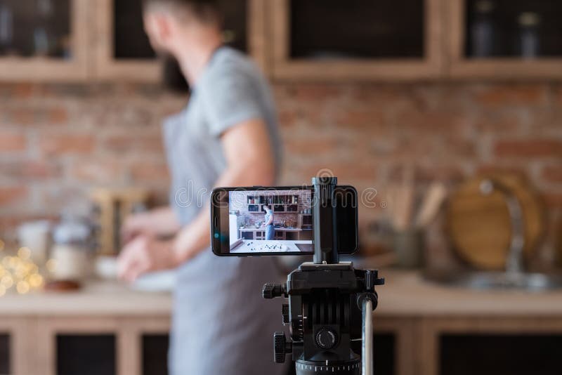Technology Video Stream Phone Camera Man Kitchen Stock Image - Image of ...