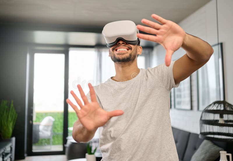 Technology, Virtual Reality and Hands of Man in Home with Headset for ...