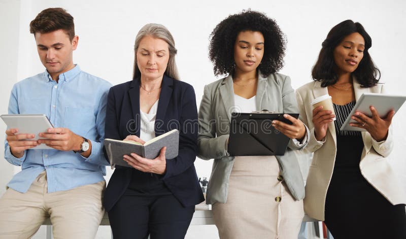 Technology, Waiting or Business People with Tablet or Notes for Writing ...