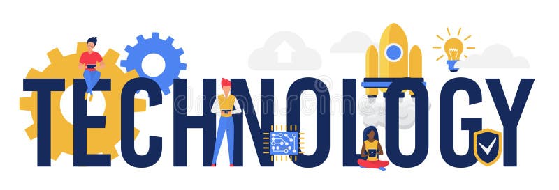 Technology Word Concept, Cartoon Innovative Idea Tech Symbols, People ...