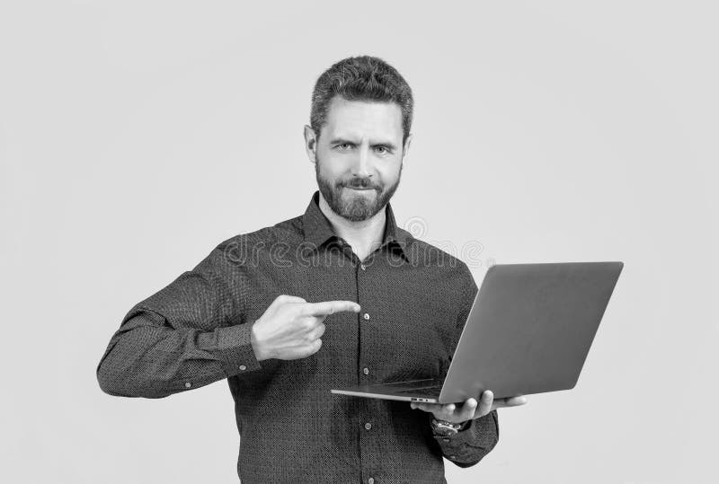 Technology You Can Trust. Computer Engineer Point Finger at Laptop ...