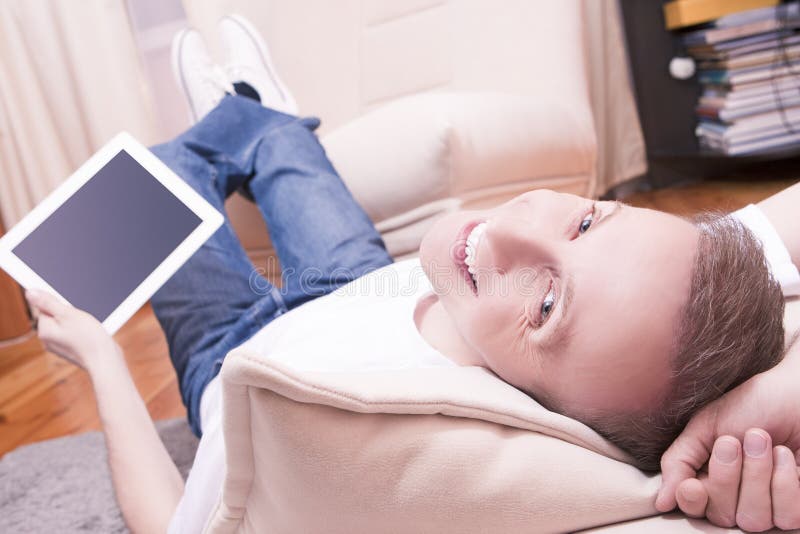 Techology Ideas. Funny Smiling Handsome Man with Tablet Computer Stock ...