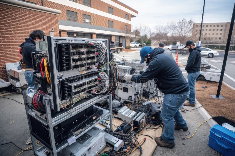 Techs Setting Up 5g Network Equipment, with Cables and Antennas in the ...