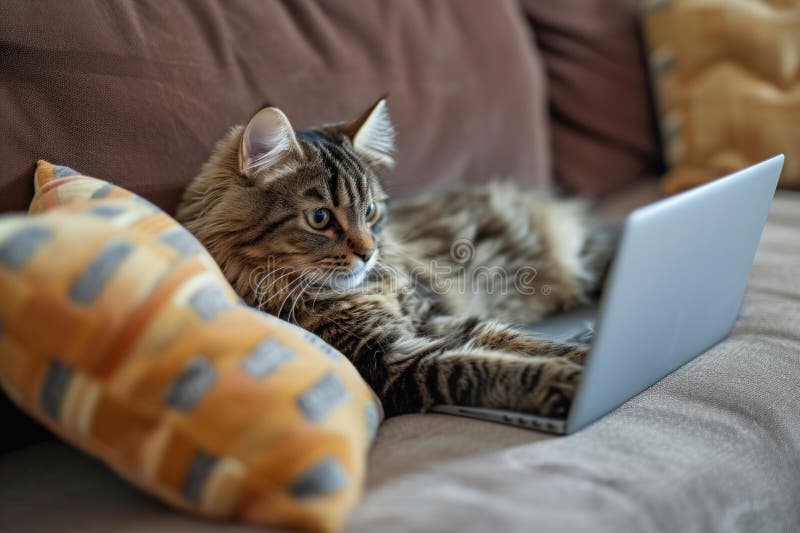 Techsavvy Tabby, Cat Using Laptop on Couch Stock Photo - Image of ...