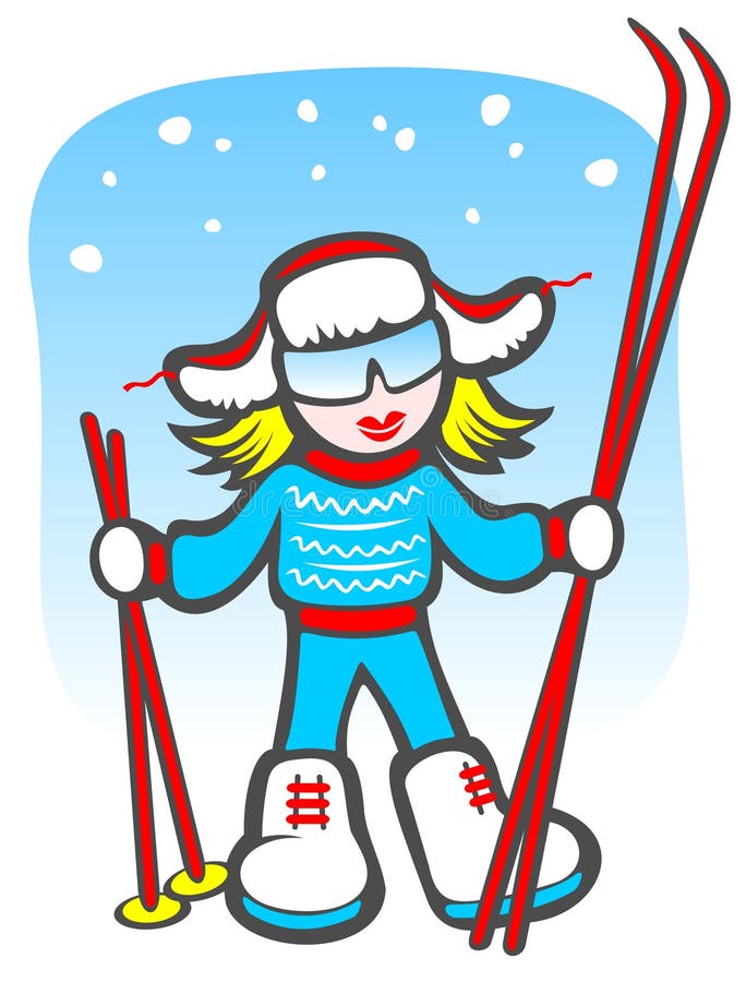 Tecknad filmflickan skidar vektor illustrationer. Illustration av relax ...