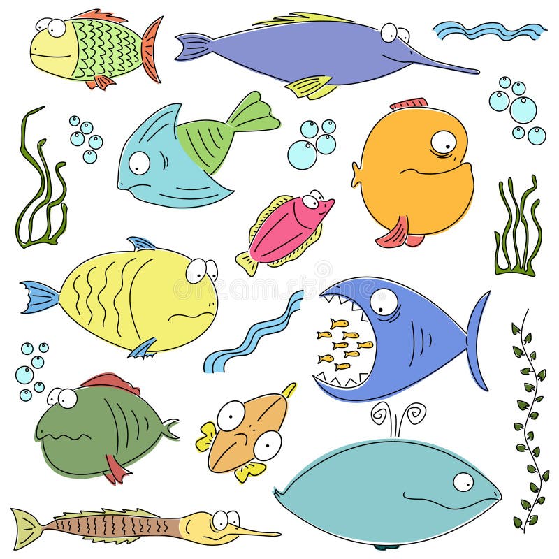 Rolig Fisk För Tecknad Film, Uppsättning För Havsliv Kulört Klotter ...
