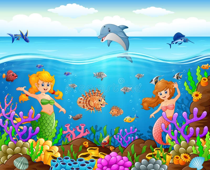 Tecknad Film Om En Sjöjungfru Under Havet Vektor Illustrationer ...