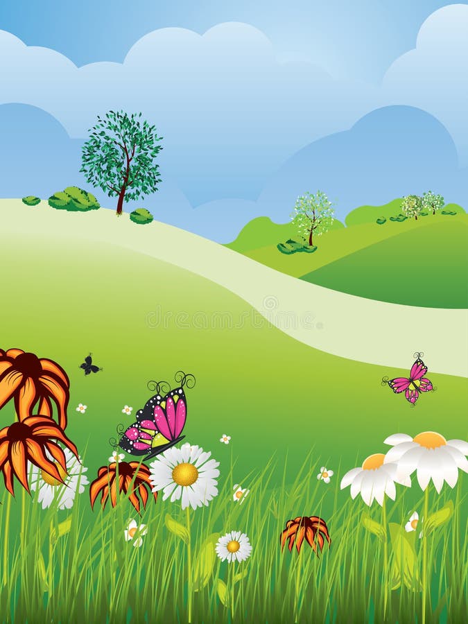 Tecknad filmsommarlandskap vektor illustrationer. Illustration av ...