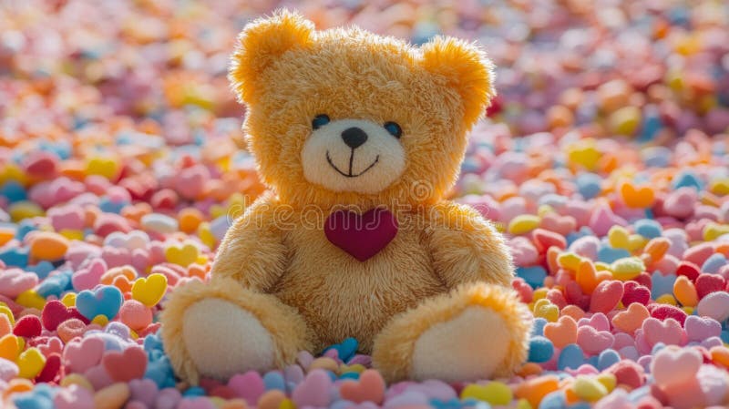 Teddy Bear Amidst Colorful Heart Shaped Candies Stock Illustration ...