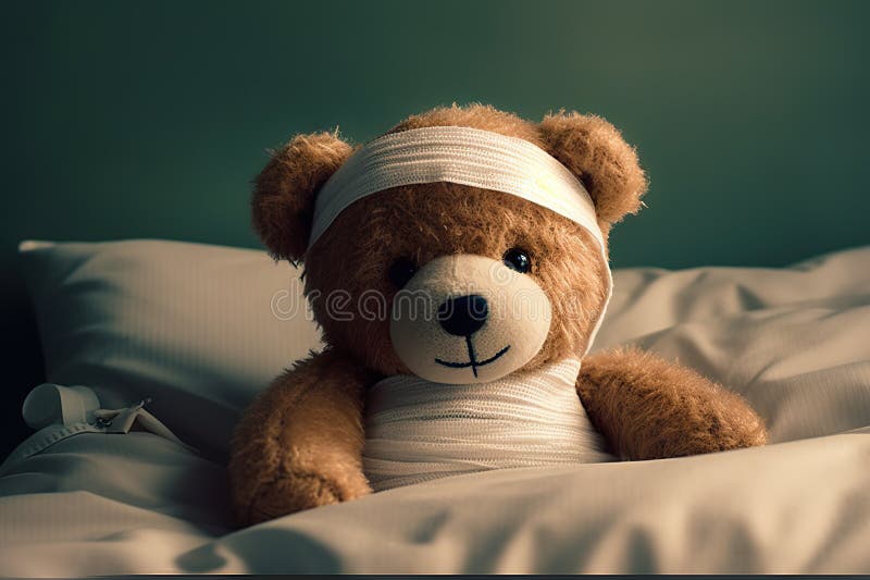 Teddy Bear with Bandage Resting Peacefully in Bed, Symbolizing Healing ...