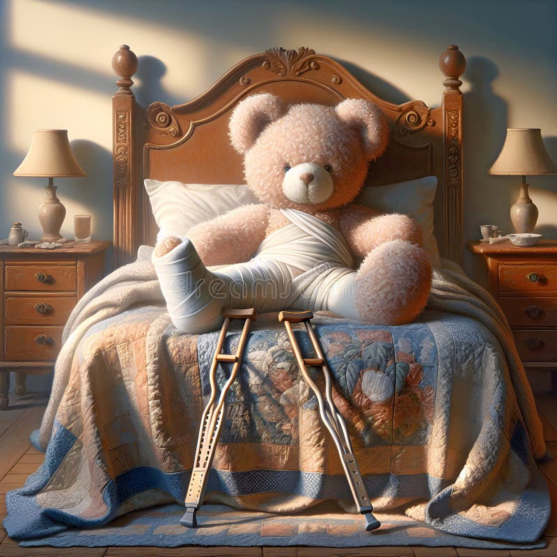 Teddy Bear in Bed with Leg in a Cast Stock Illustration - Illustration ...