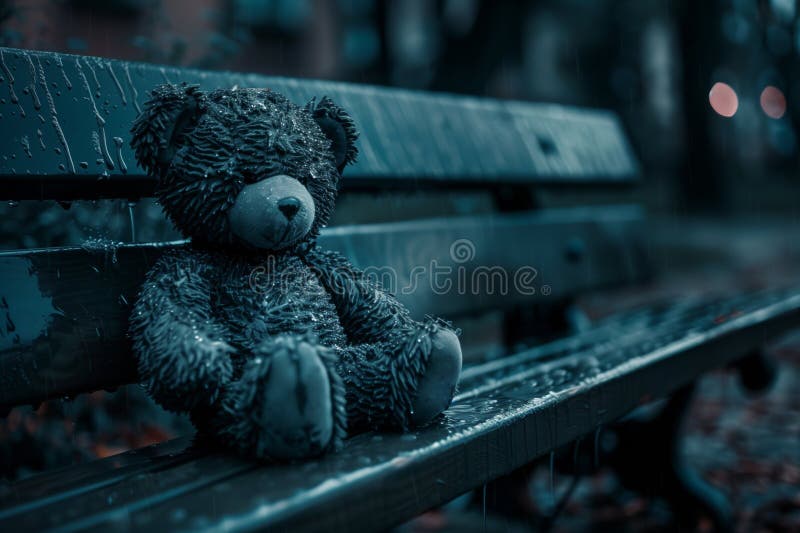 Teddy Bear on Bench Under Rain Stock Illustration - Illustration of ...