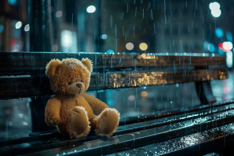 Teddy Bear on Bench Under Rain Stock Illustration - Illustration of ...