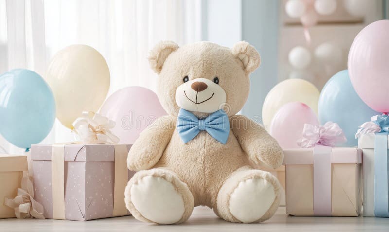 Teddy Bear with Blue Bowtie, Surrounded by Pastel Balloons and Gift ...