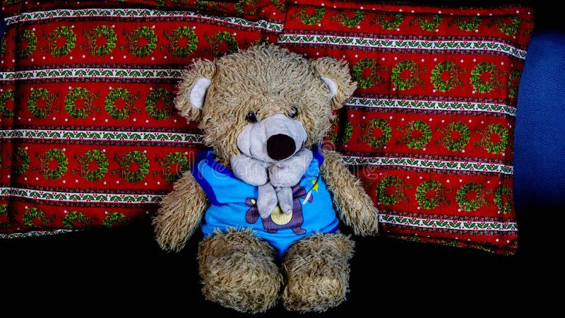 Teddy Bear in a Blue T-shirt on a Black Sofa Stock Image - Image of ...
