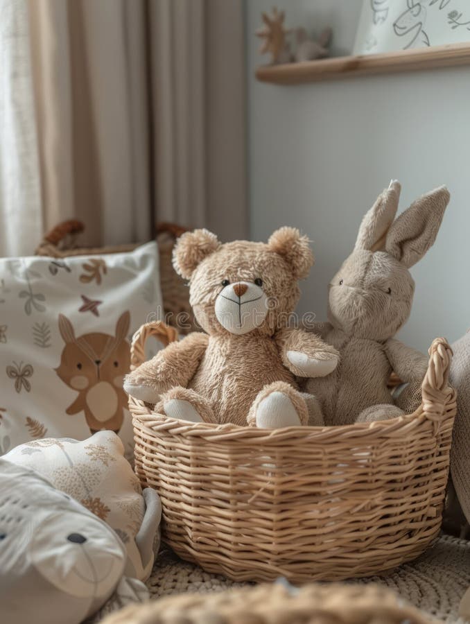 Teddy Bear and Bunny in a Wicker Basket in a Cozy Kids Room. Stock ...