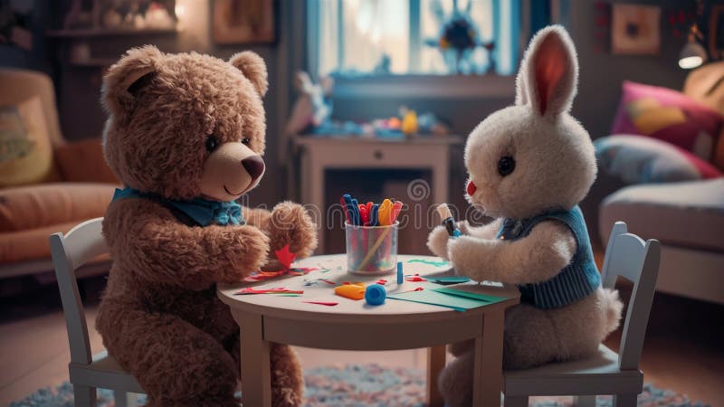 Teddy Bear and Bunny Crafting Together at a Table Stock Illustration - Illustration of clothing ...