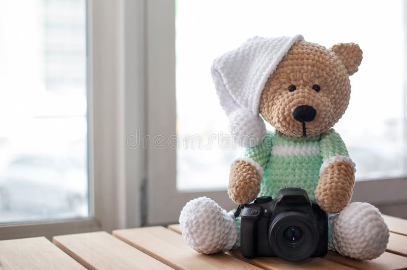 Teddy Bear with Camera on Wood Table. Copy Space Stock Image - Image of ...