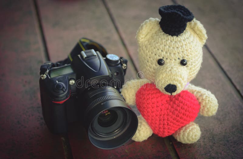 Teddy Bear and Camera on Wooden Stock Image - Image of romance, object ...