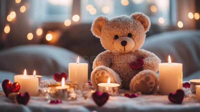 Teddy Bear with Candles on Table, Intimate and Charming Valentine S Setting. Valentine S Day ...