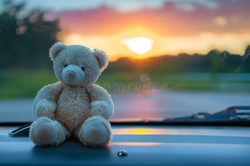 Teddy Bear on Car Dashboard with Road Trip Sunset Stock Photo - Image ...