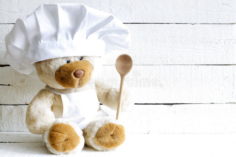 Teddy Bear in Chef Hat with Spoon Abstract Food Background Stock Photo ...