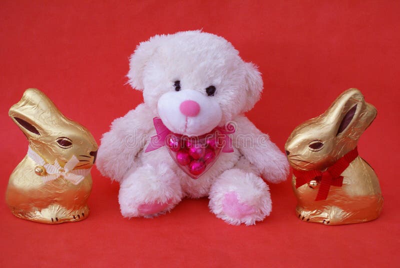 Teddy Bear with Chocolate Box & Chocolate Bunnies Stock Image - Image ...