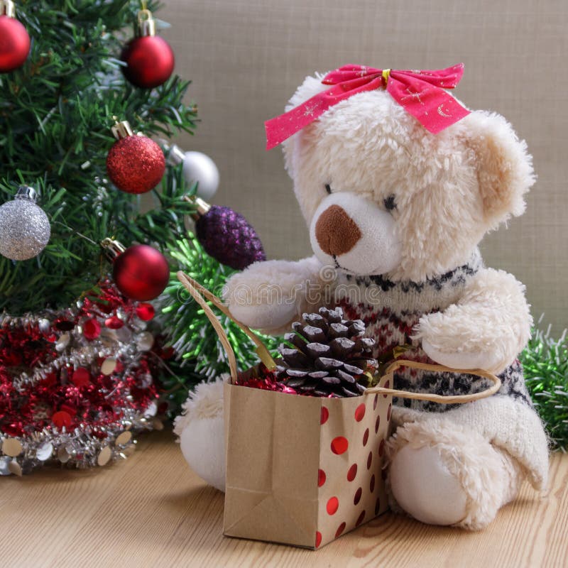 Teddy Bear and Christmas Present Stock Photo - Image of green ...