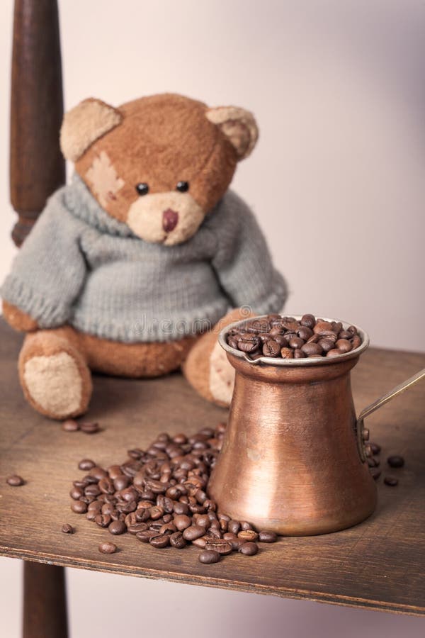 Teddy Bear and Coffee Vintage Toned Picture with White Background Stock ...