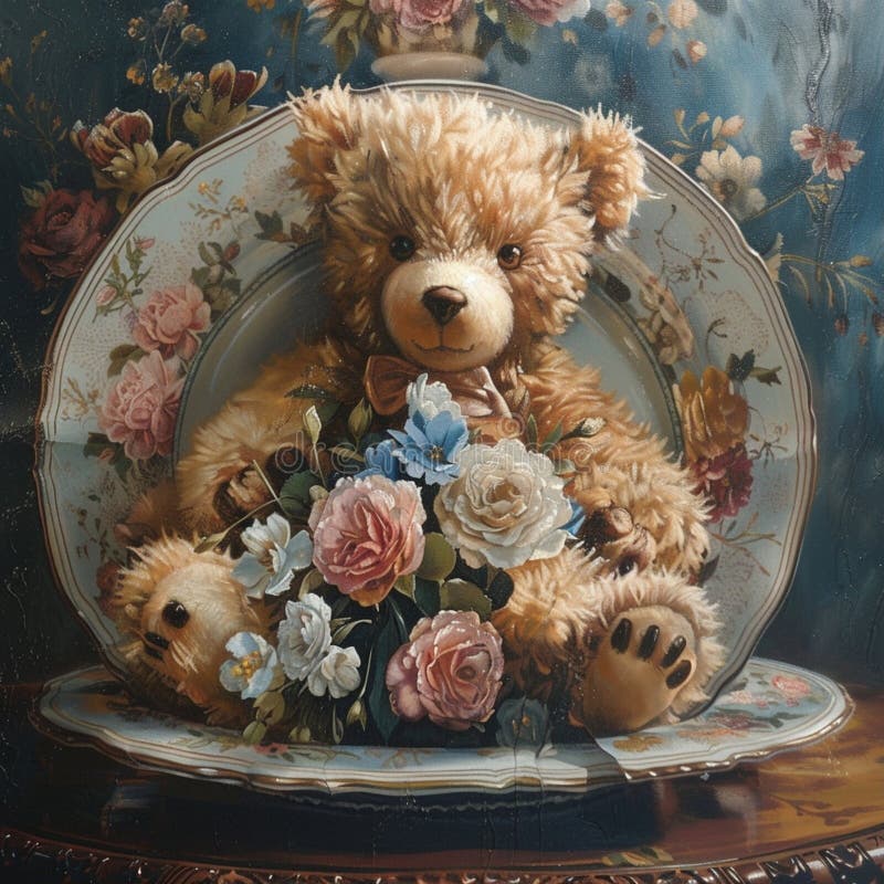 Teddy Bear-filled Plate and Vase Display Stock Illustration ...