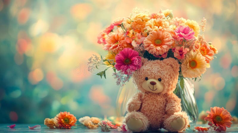 Teddy Bear and Flower Bouquet Peaceful Arrangement Stock Illustration ...