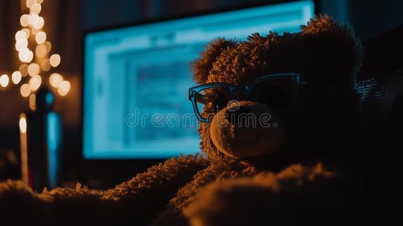 Teddy Bear with Glasses Working on Computer at Night Stock Image ...