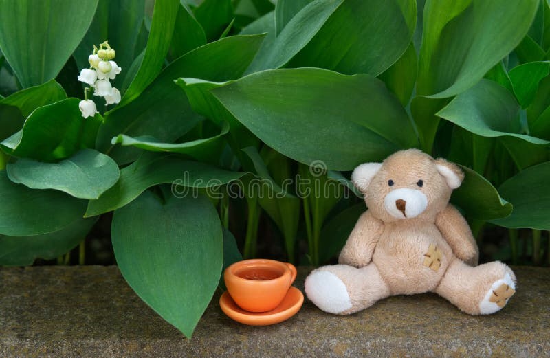 Teddy Bear Having 4 O Clock Tea Under Lilies of the Valley. Stock Image ...