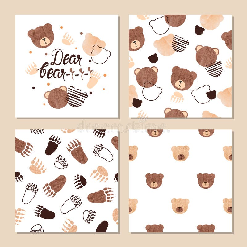 Teddy Bear Heads and Paws Vector Illustration. Nursery Design, Set of Bears Patterns Stock ...