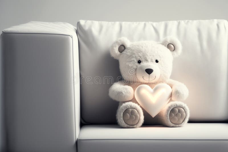 Teddy Bear Holding a Heart. Teddy Bear Sitting on White Sofa. Generative AI. Stock Illustration ...