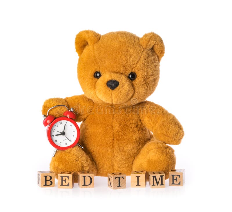 Teddy Bear Holds Clock Isolated on White Background Stock Image - Image ...