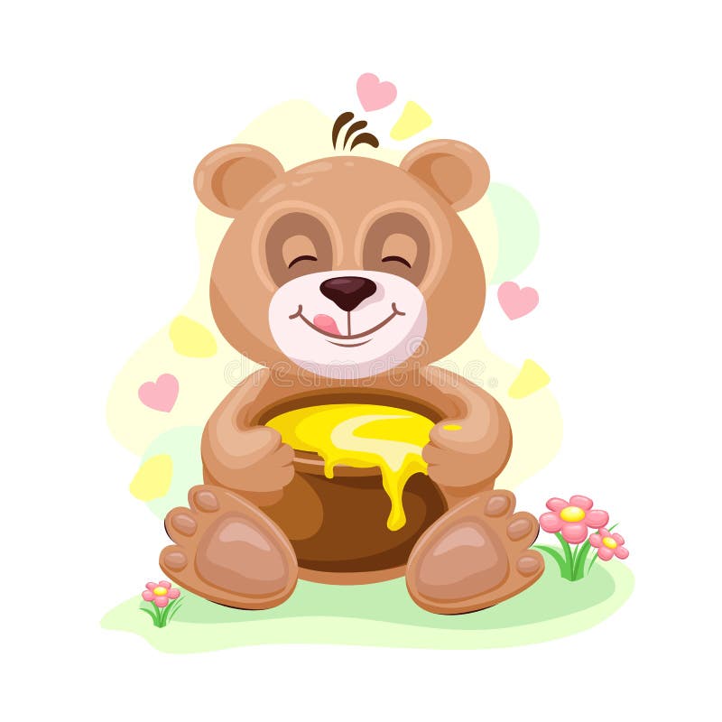 Cute Teddy Bear with Honey Pot in Cartoon Style Stock Vector ...