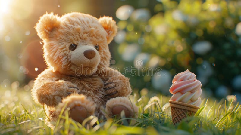 Teddy Bear with Ice Cream Outdoors. Stock Photo - Image of leisure ...